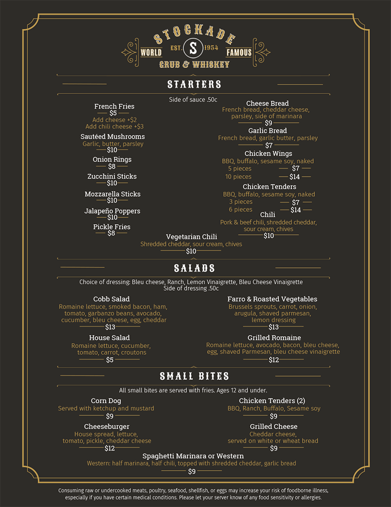 Menu — Stockade Grub & Whiskey