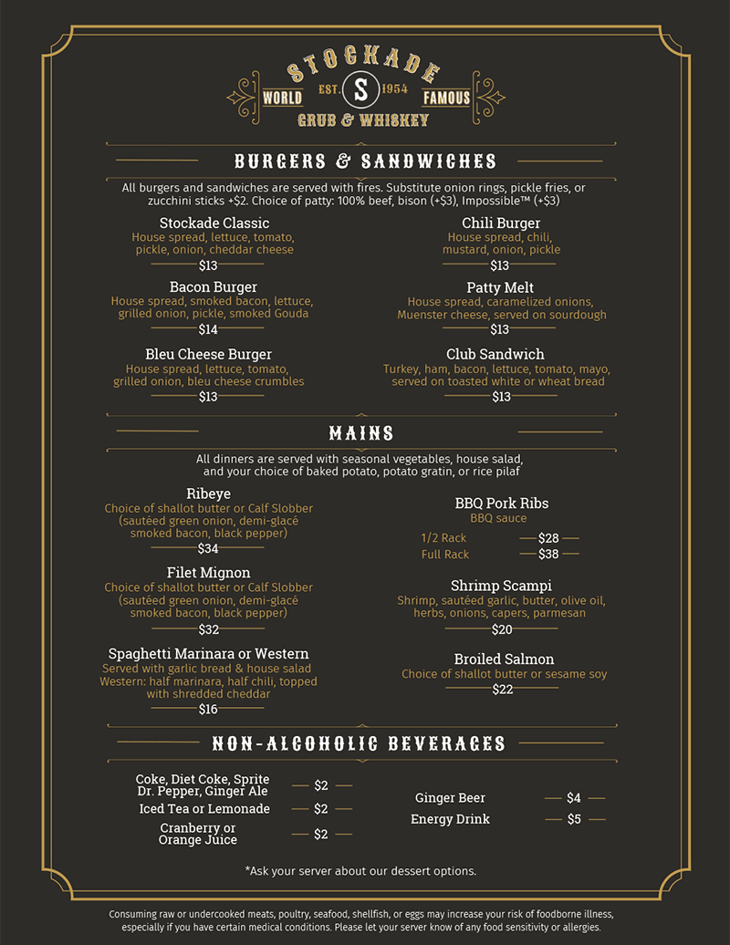 Menu — Stockade Grub & Whiskey