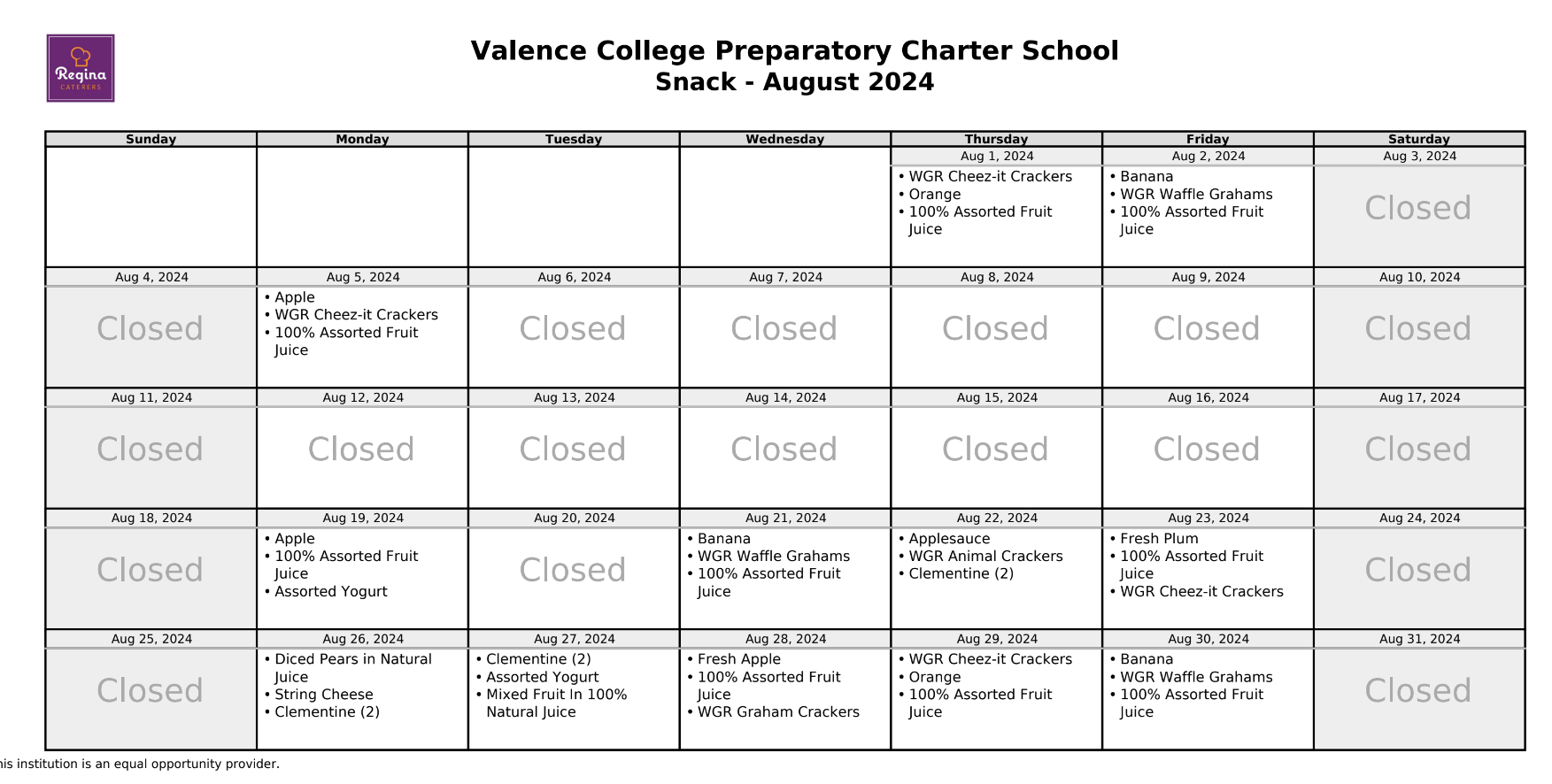 Menus — Valence College Prep