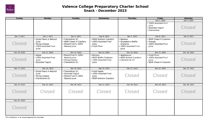Menus — Valence College Prep