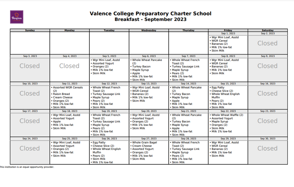 Menus — Valence College Prep