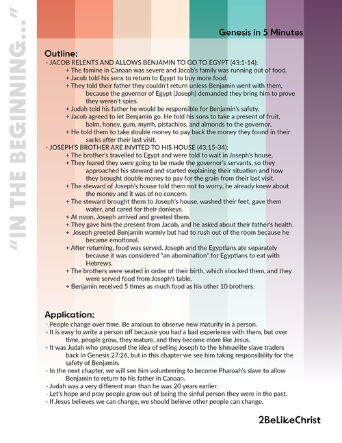 Genesis 43 Summary - 5 Minute Bible Study — 2BeLikeChrist