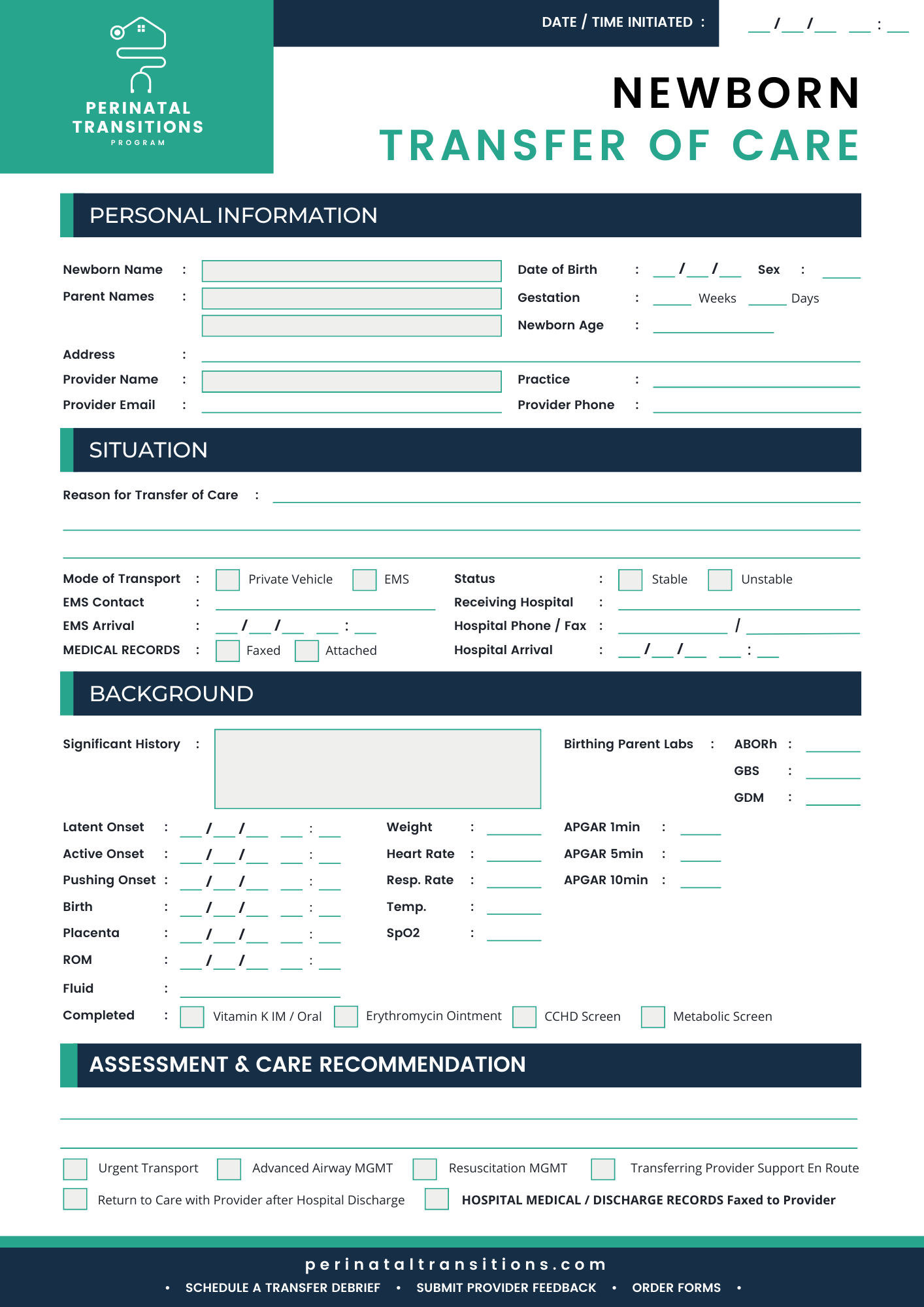 Newborn Transfer Form — Perinatal Transitions Program