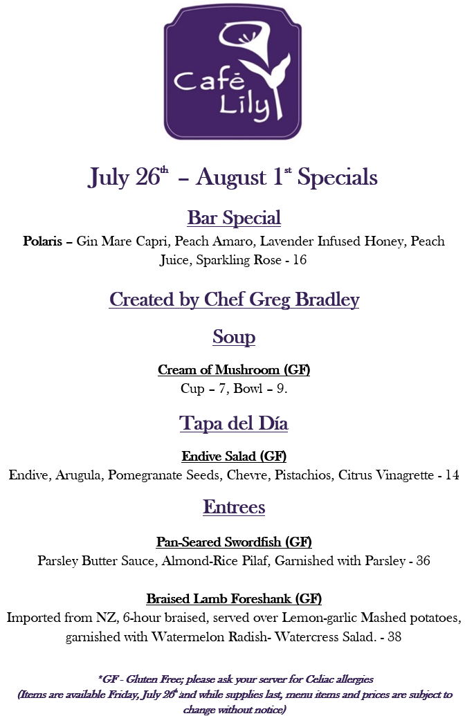 DAILY SPECIALS — Cafe Lily