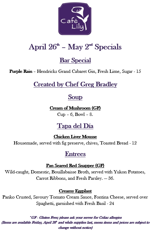 DAILY SPECIALS — Cafe Lily