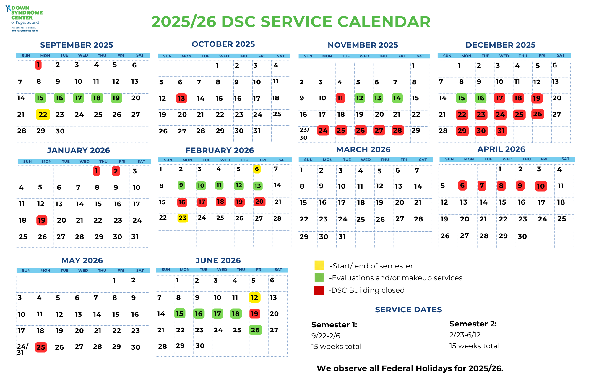 2025/26 Service Calendar — Down Syndrome Center of Puget Sound