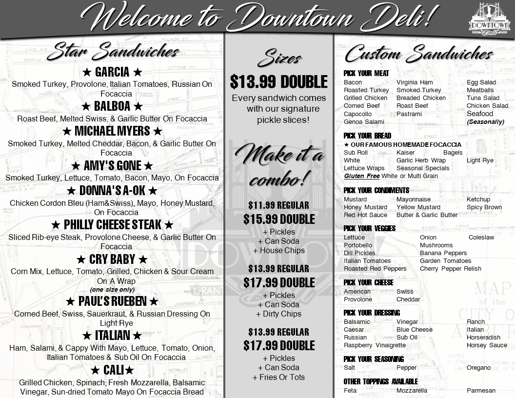 Deli Menu — Downtown Deli