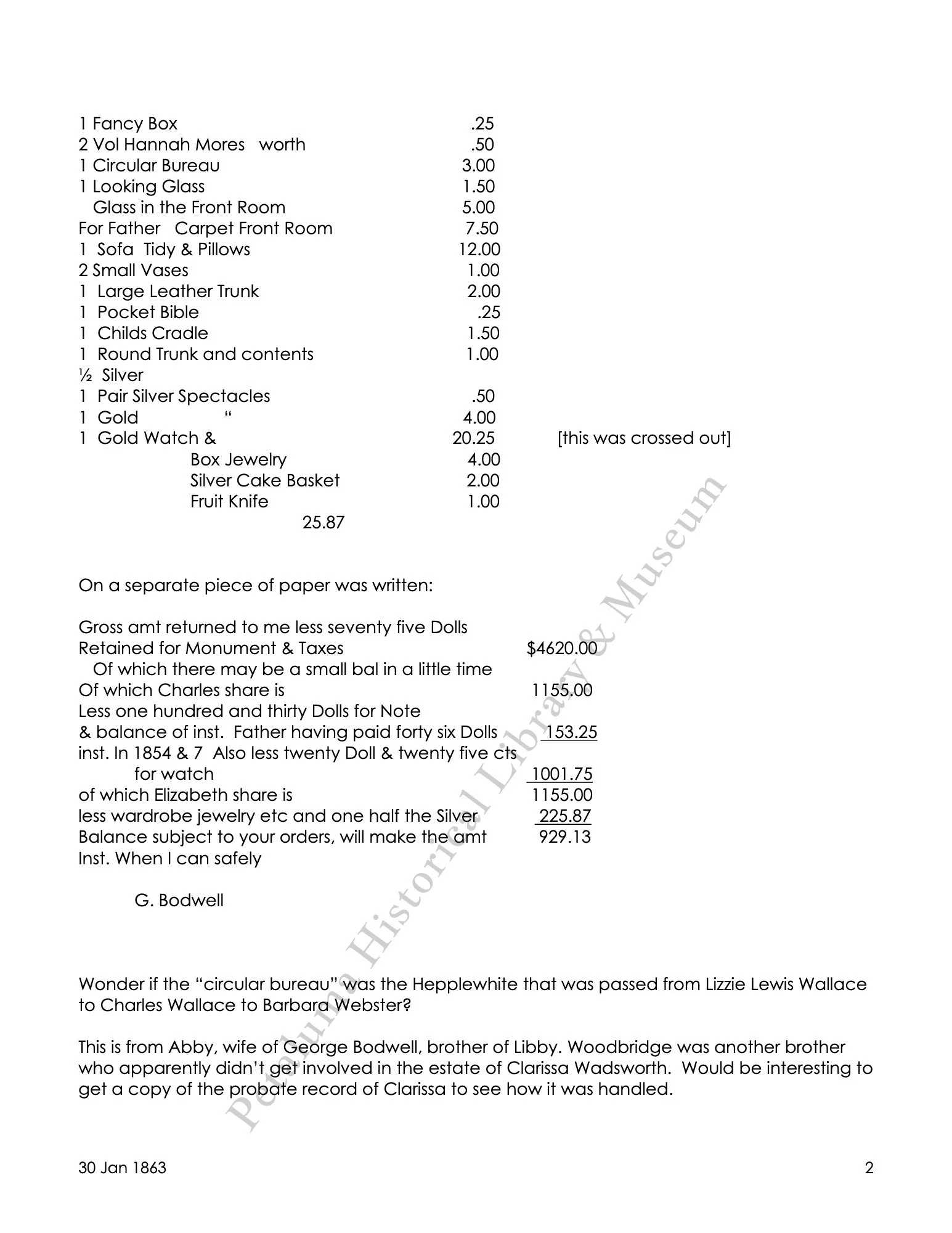 Letter from Abby Bodwell to Elizabeth Bodwell Lewis, January 30th, 1863 ...