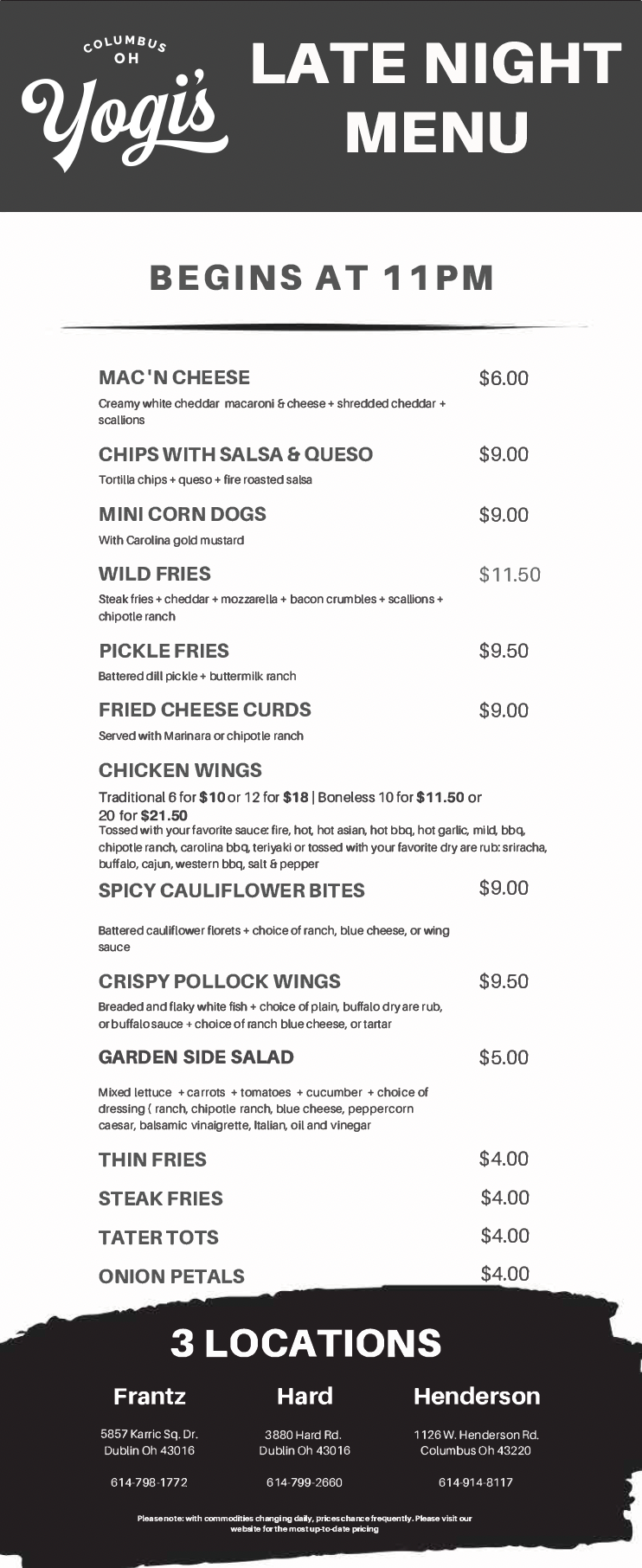 Yogi's Bar And Grill Happy Hour Menu at Gerald Maurer blog