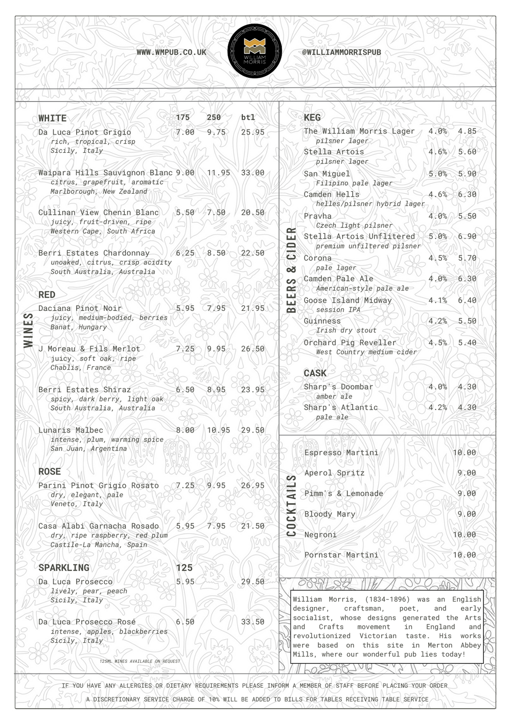Drinks Menu — The William Morris