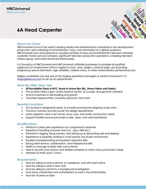 NBC Head Carpenter — IATSE Local One