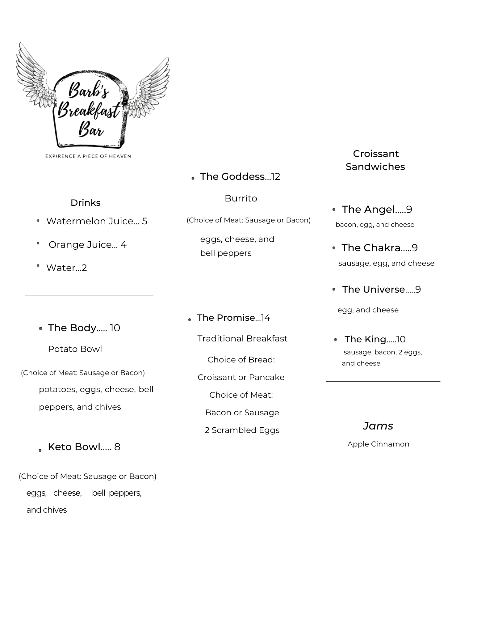 Menu — Barb's Breakfast Bar