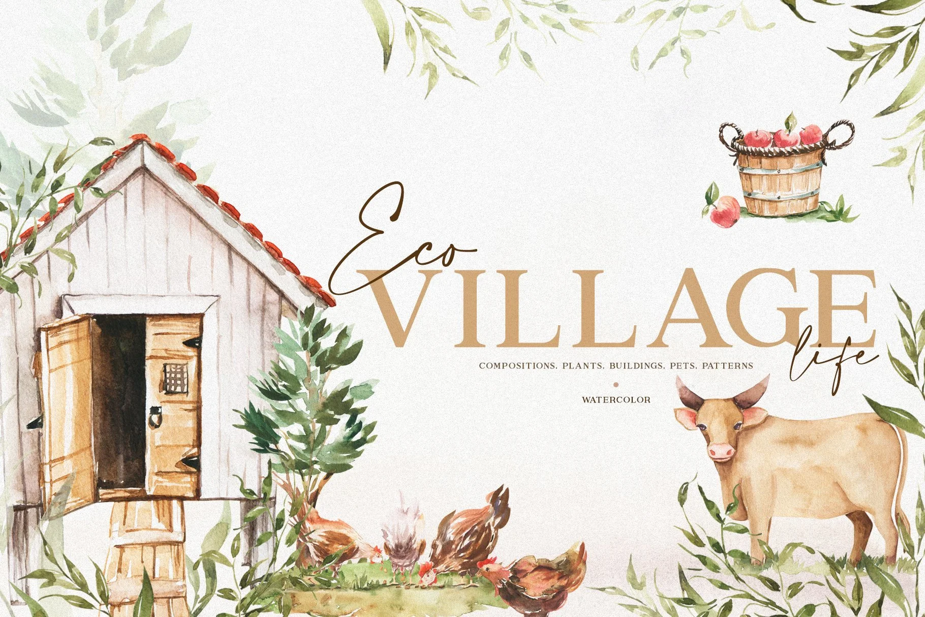 Watercolor Eco Village Illustrations Kit — Artcoast Studio