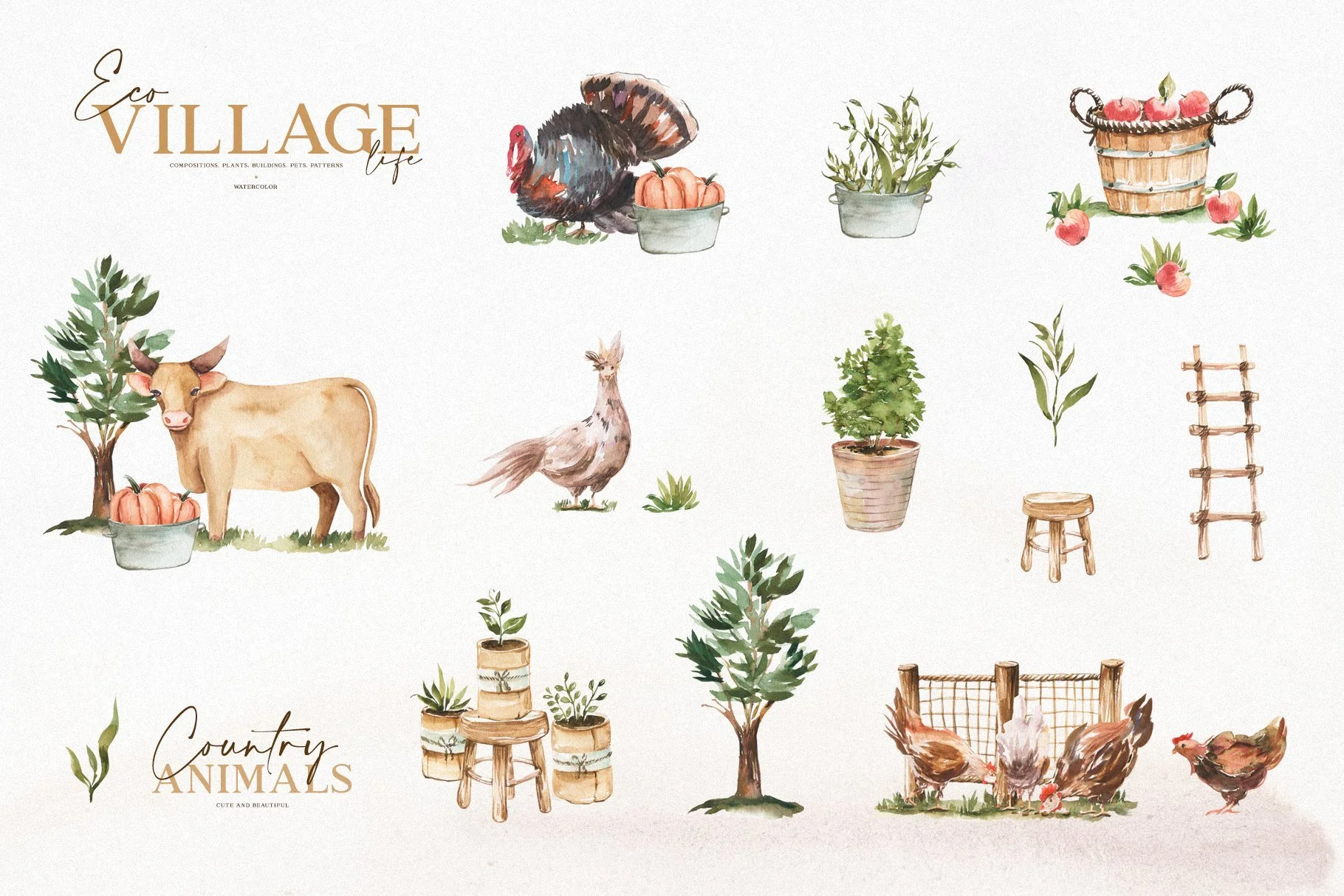 Watercolor Eco Village Illustrations Kit — Artcoast Studio