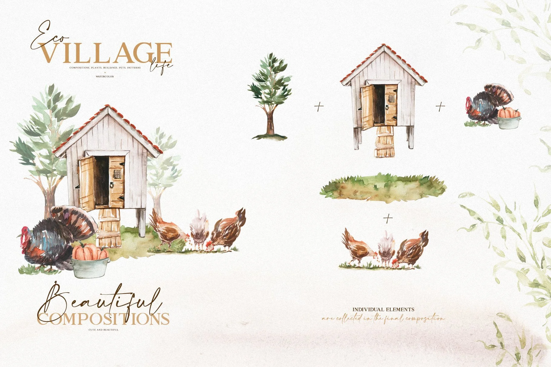 Watercolor Eco Village Illustrations Kit — Artcoast Studio