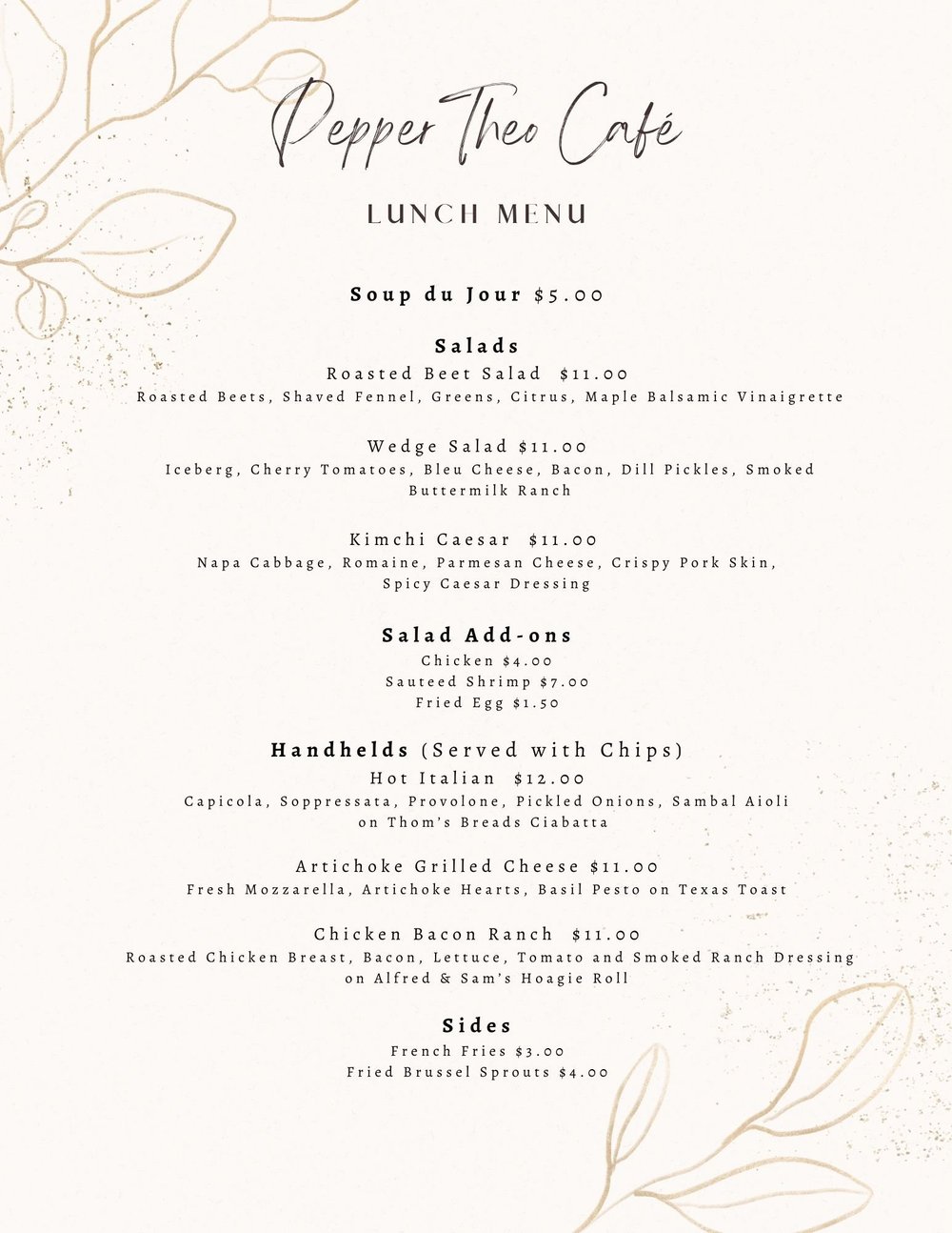 Pepper Theo's Dinner Menu — Pepper Theo Cafe