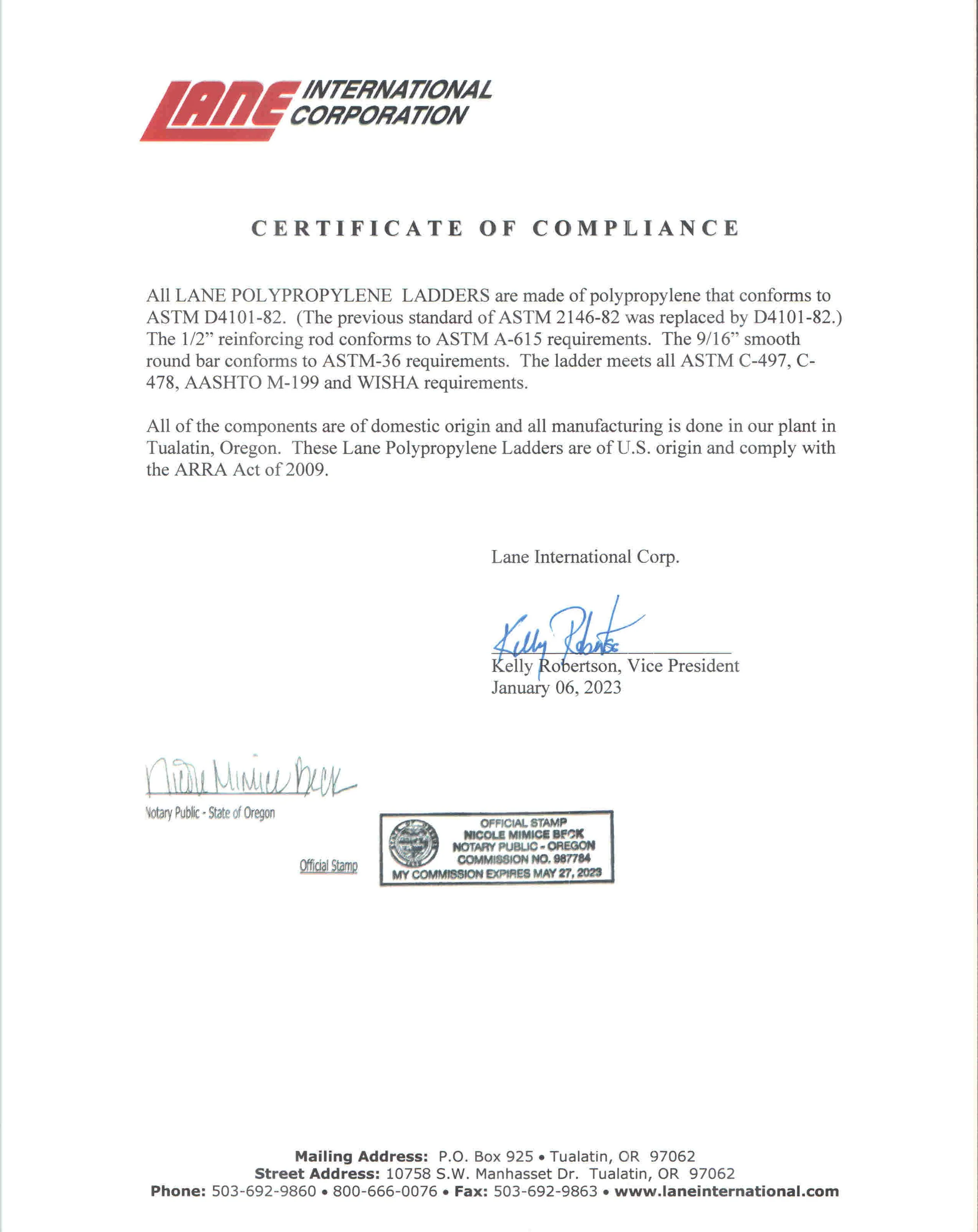 Certifications — Lane International