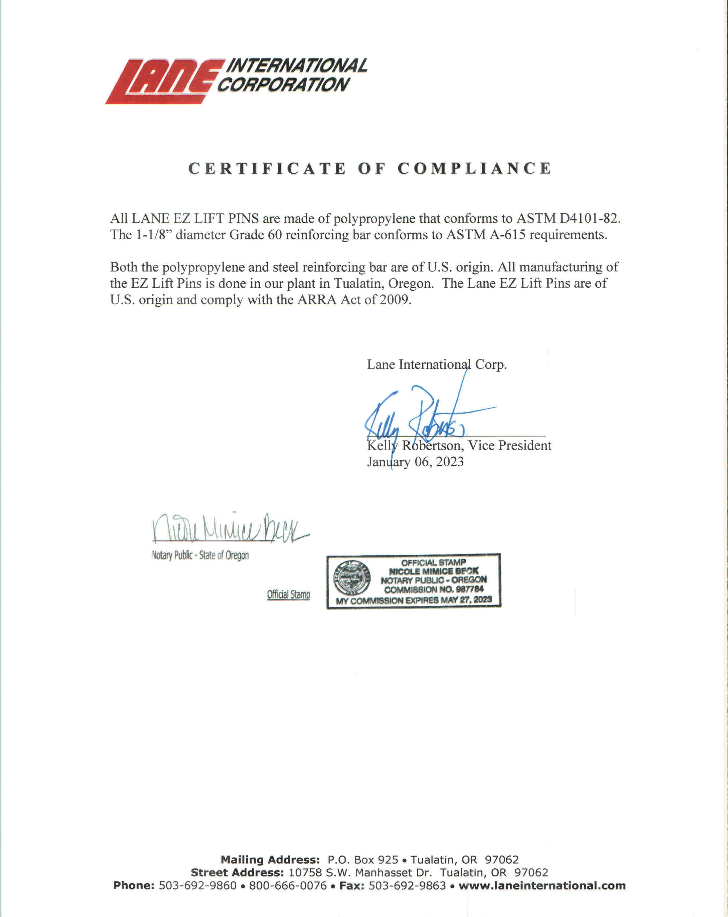 Certifications — Lane International