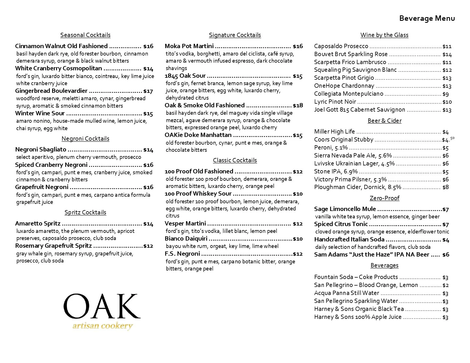 Bar and Wine Menu — Oak Artisan Cookery