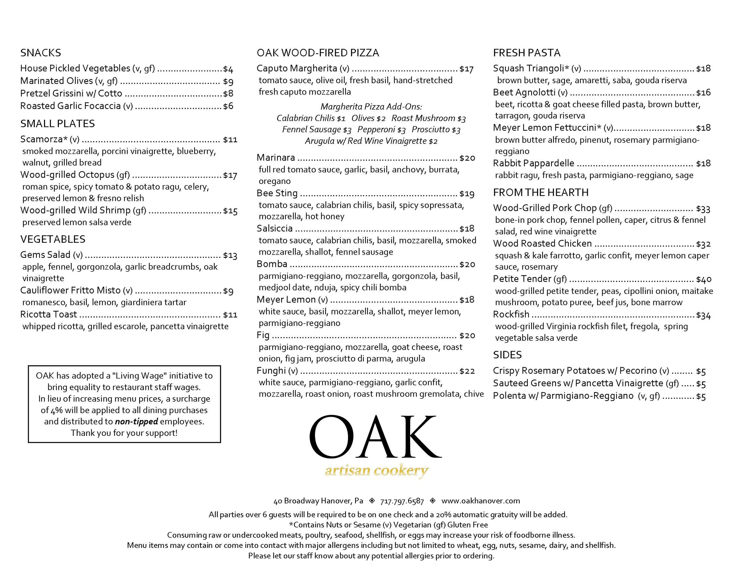 Menu — Oak Artisan Cookery