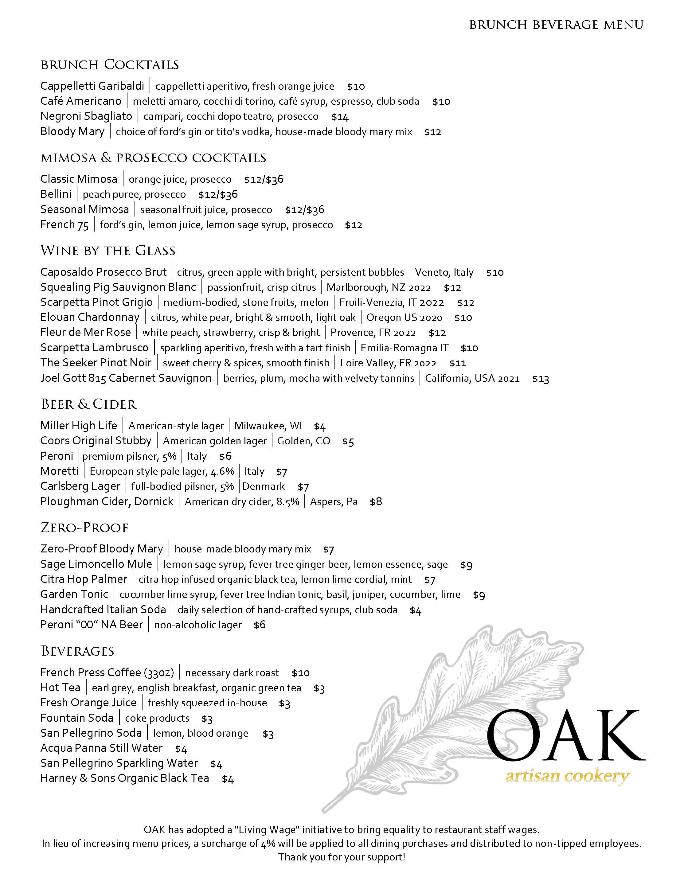 Bar Menu — Oak Artisan Cookery