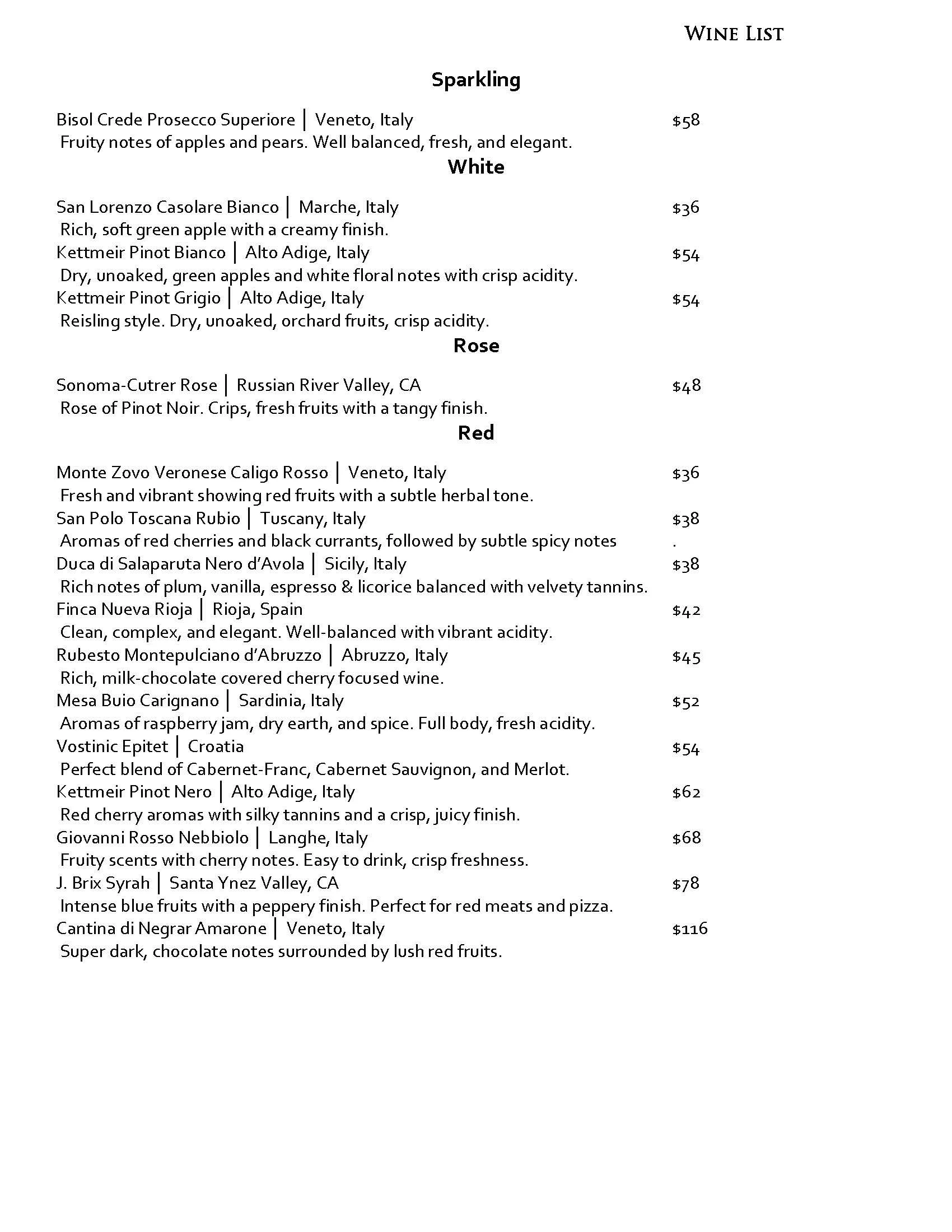 Bar Menu — Oak Artisan Cookery