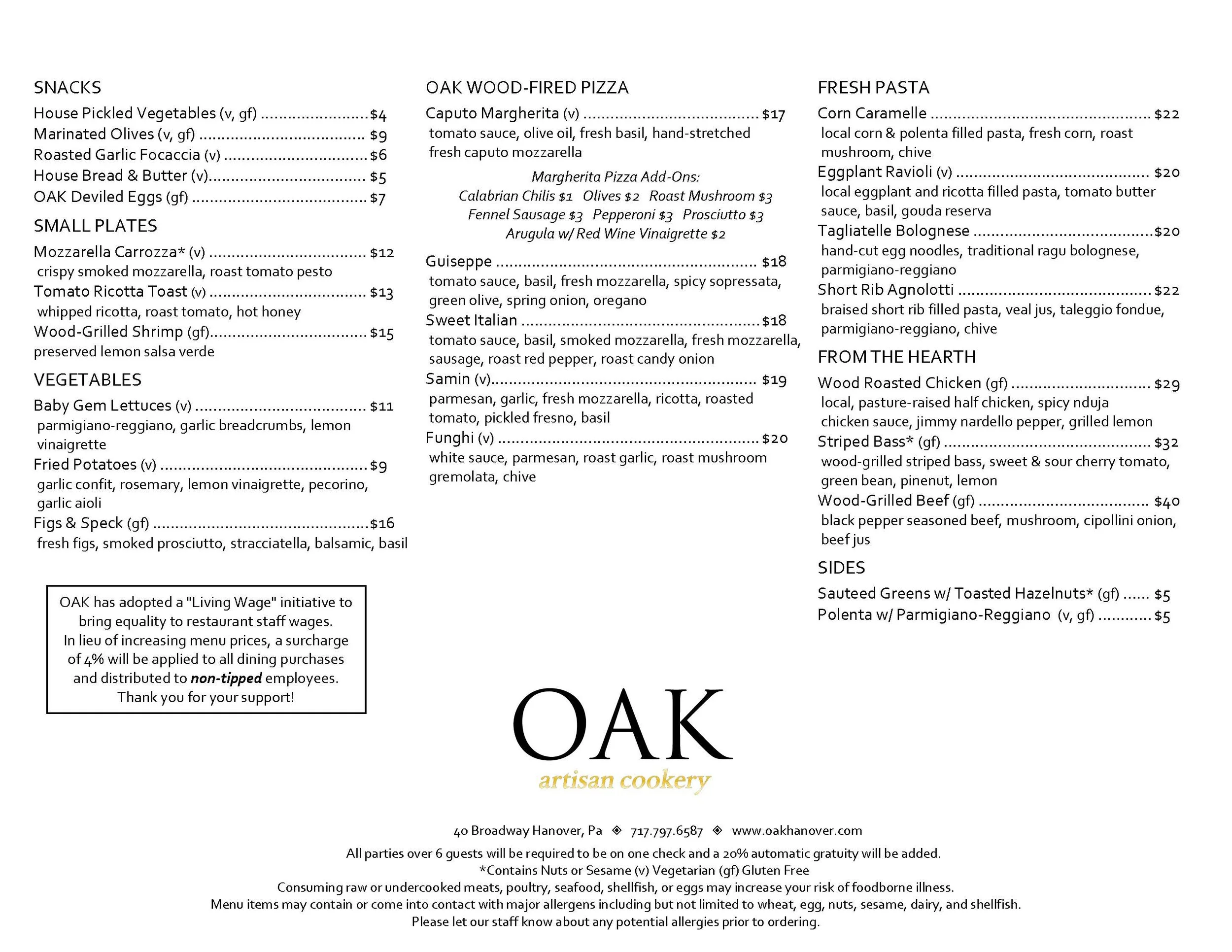 Menu — Oak Artisan Cookery