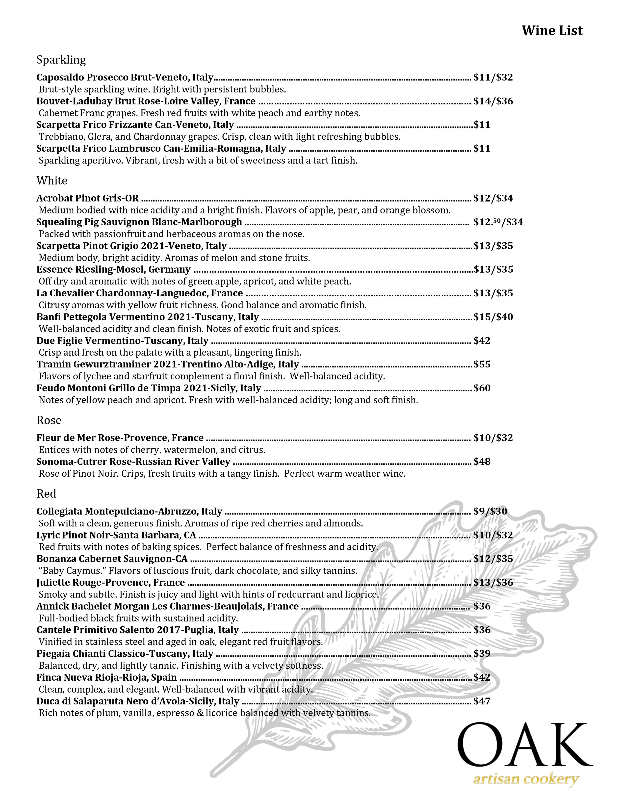 Bar and Wine Menu — Oak Artisan Cookery