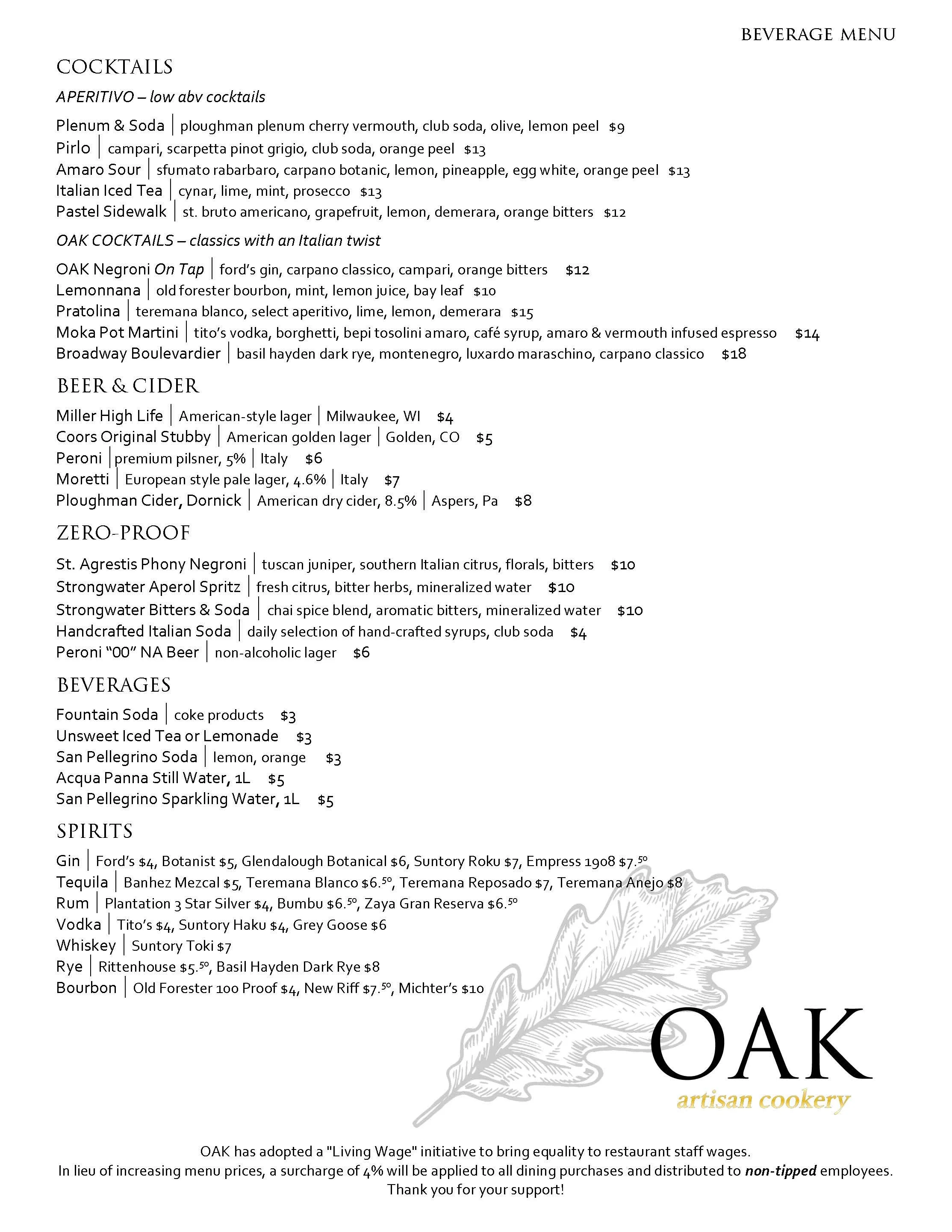 Bar Menu — Oak Artisan Cookery