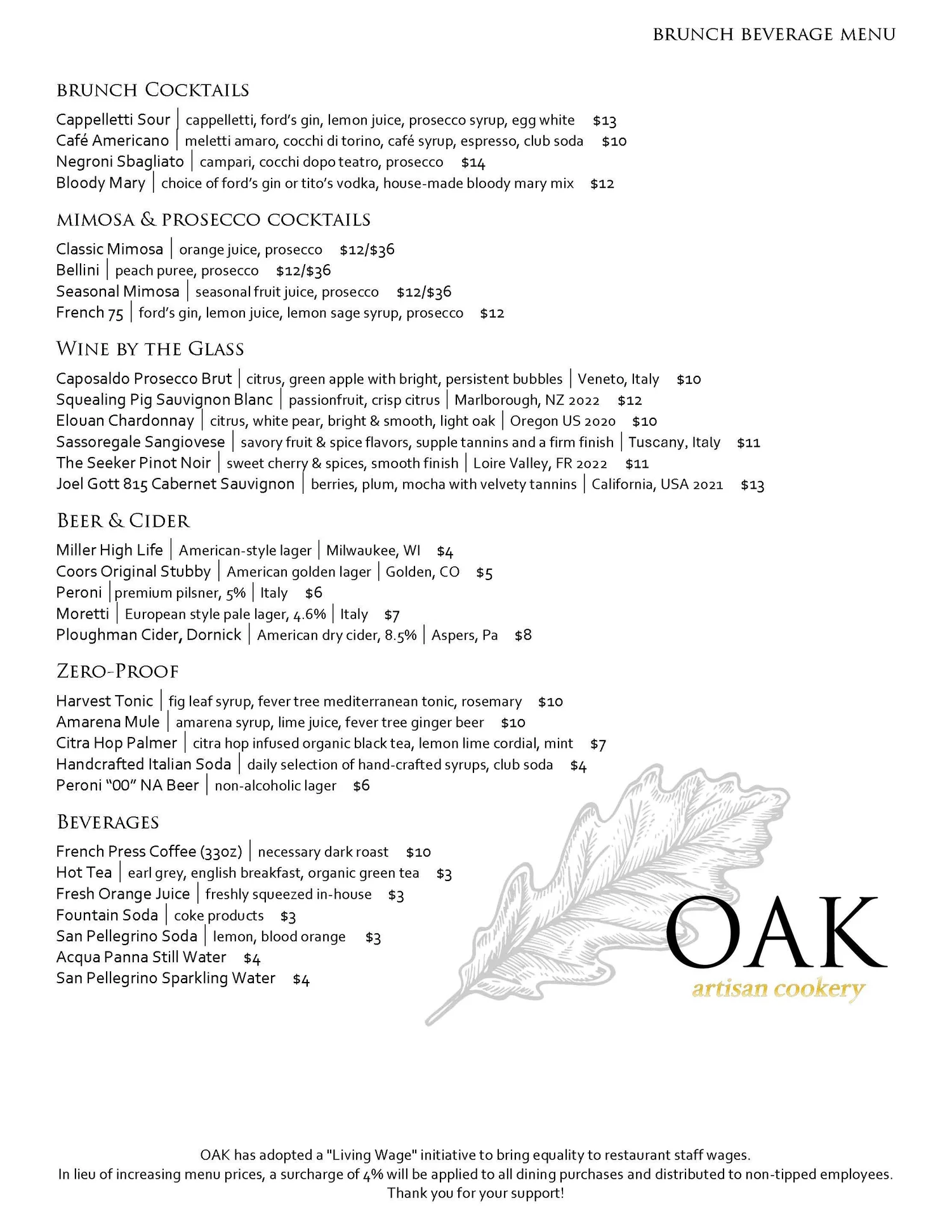 Bar Menu — Oak Artisan Cookery