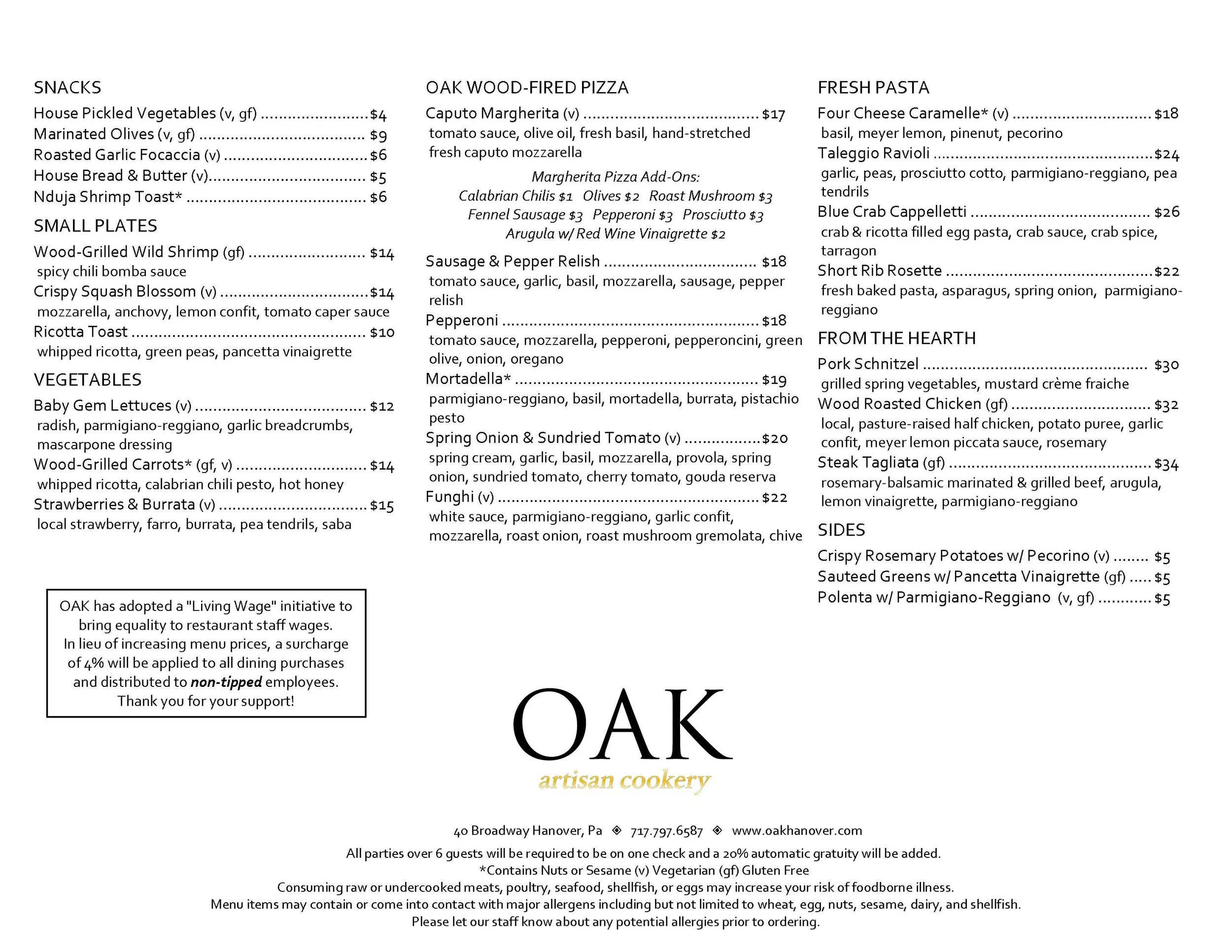 Menu — Oak Artisan Cookery