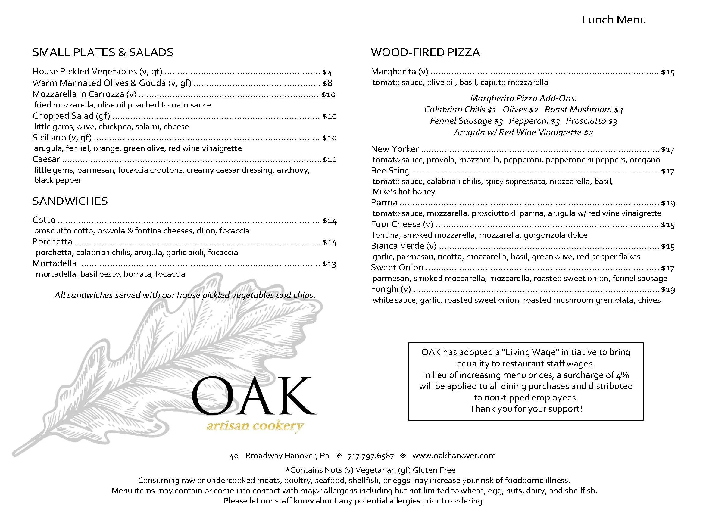 Menu — Oak Artisan Cookery