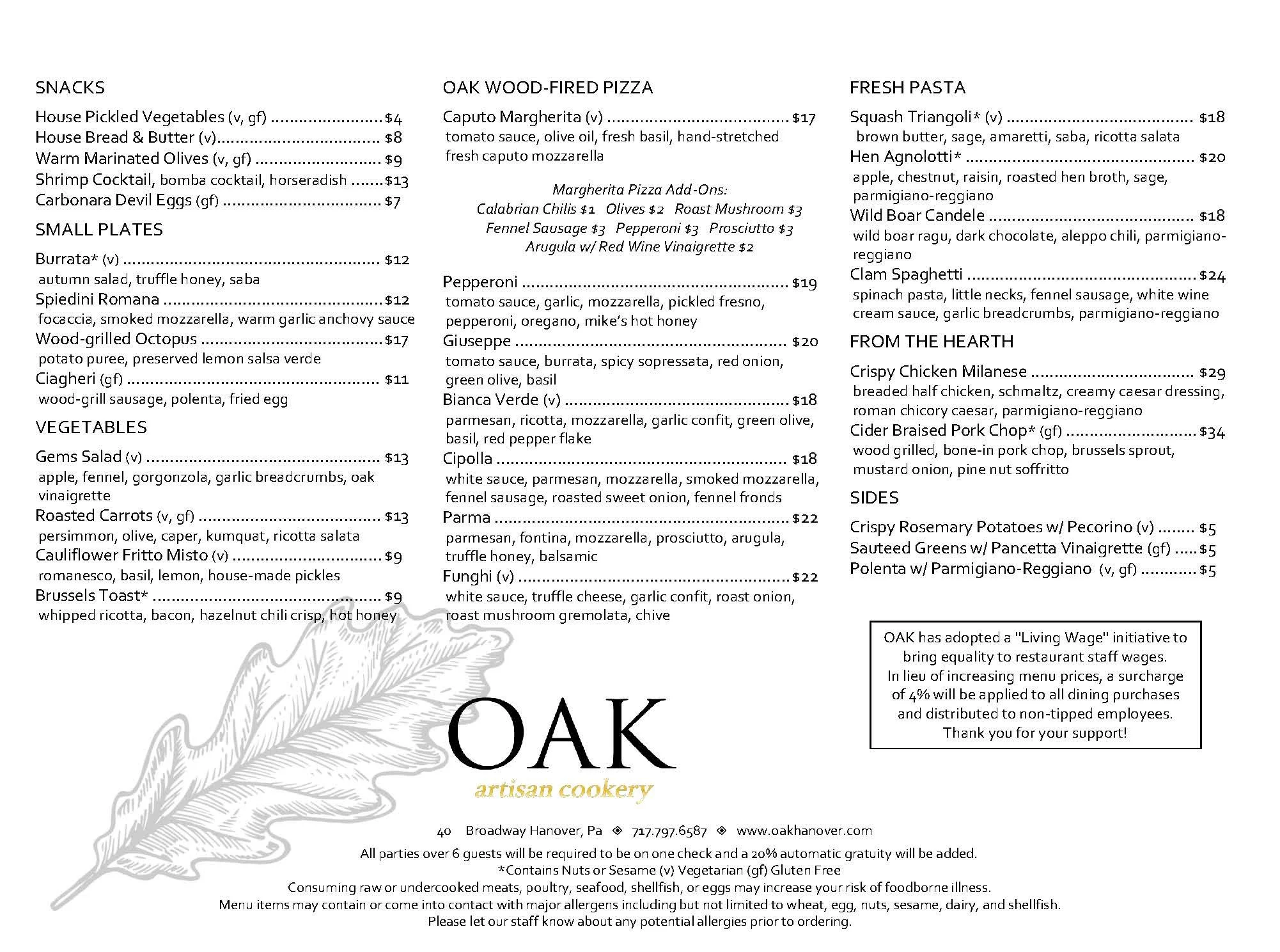 Menu — Oak Artisan Cookery