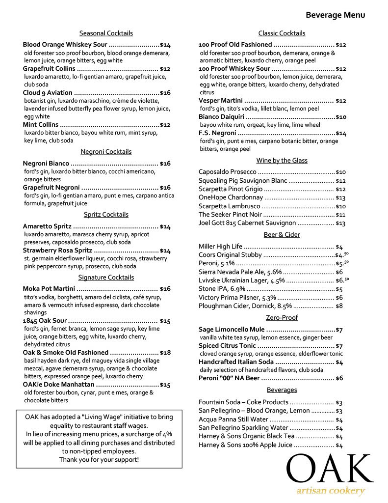 Bar and Wine Menu — Oak Artisan Cookery