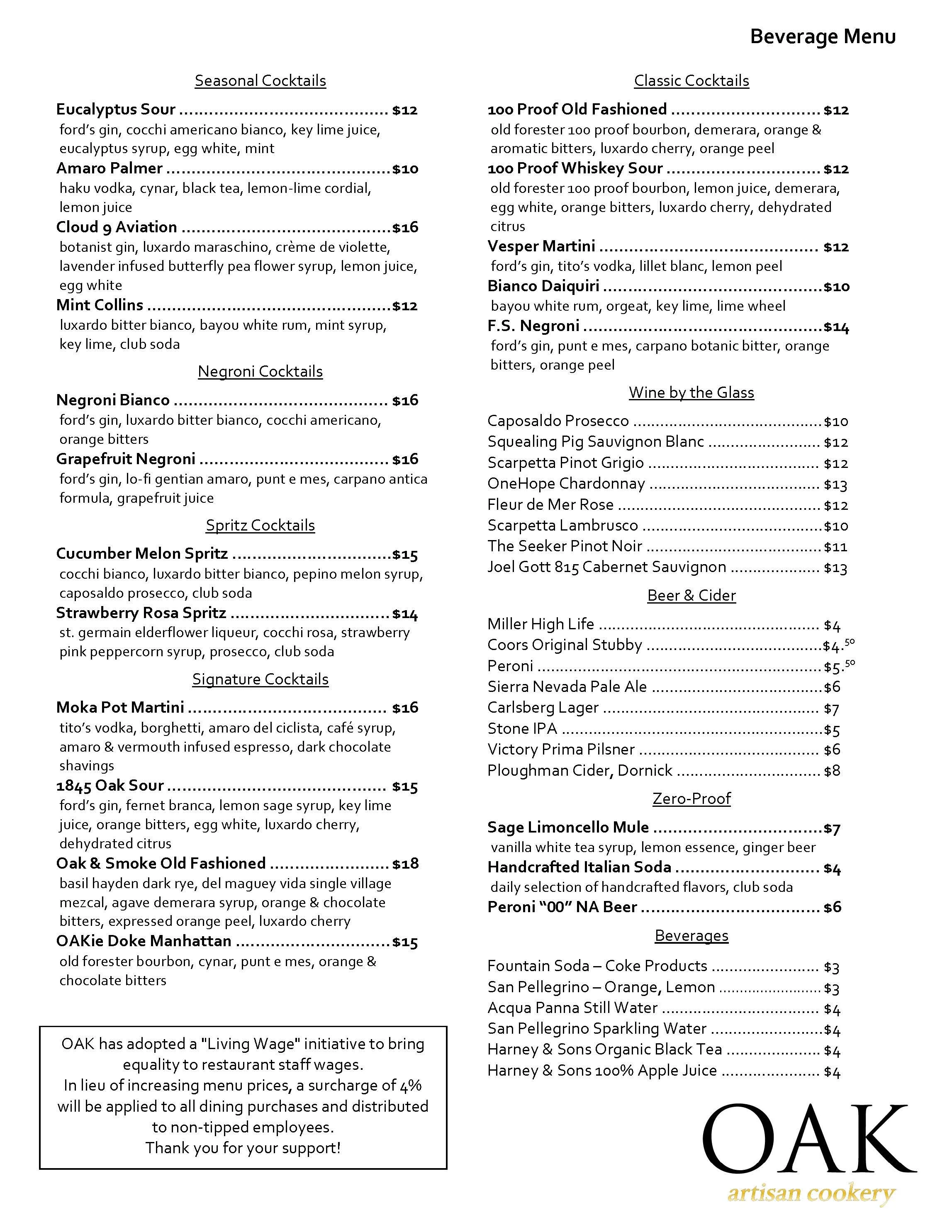 Bar Menu — Oak Artisan Cookery