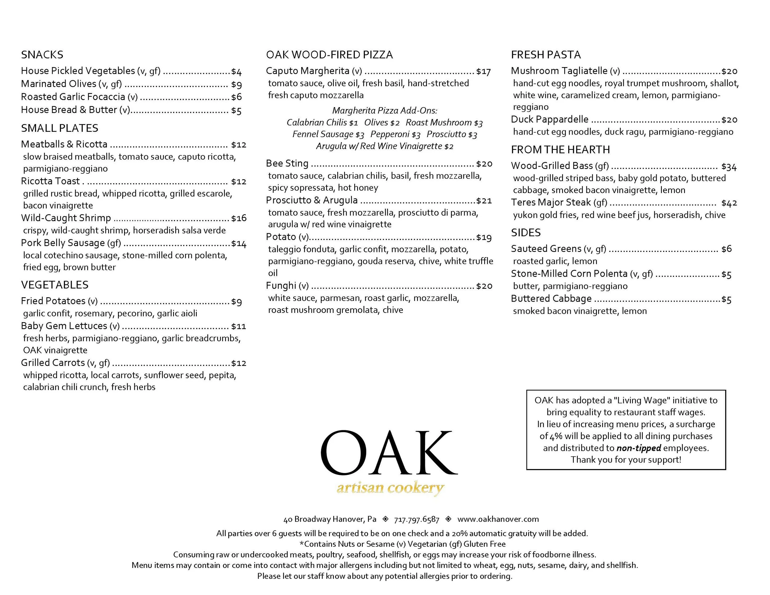 Menu — Oak Artisan Cookery