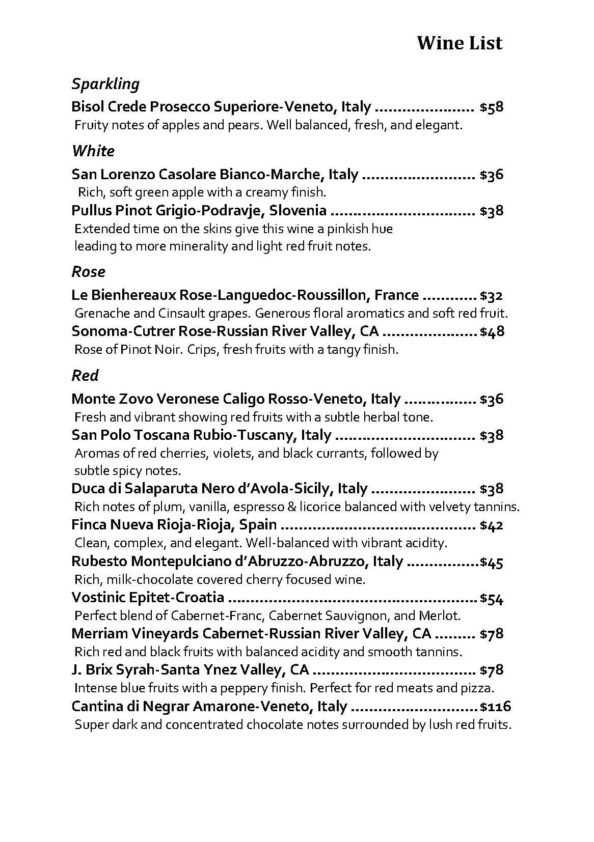 Bar Menu — Oak Artisan Cookery