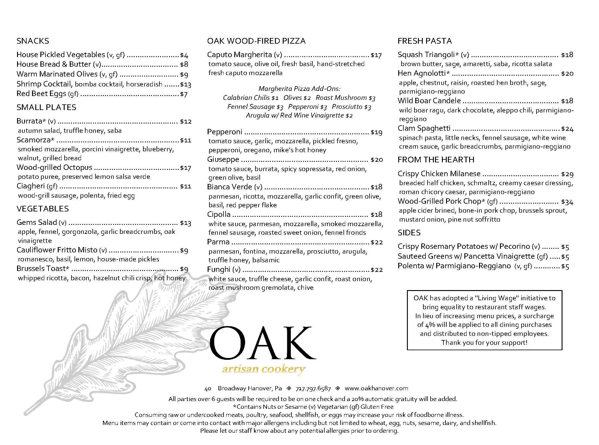 Menu — Oak Artisan Cookery