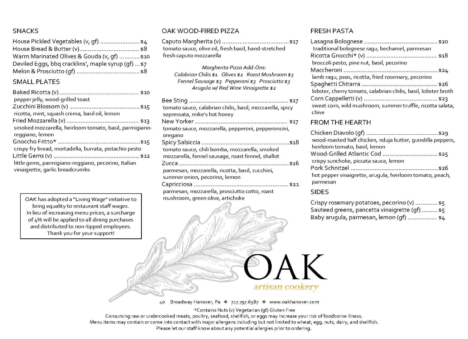 Menu — Oak Artisan Cookery