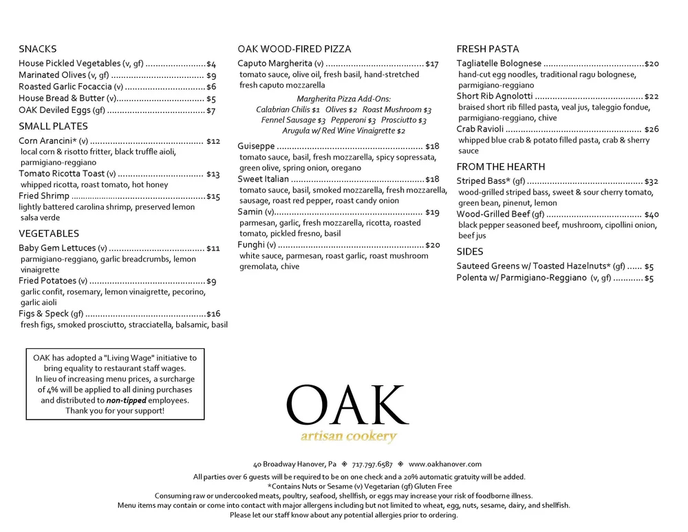 Menu — Oak Artisan Cookery