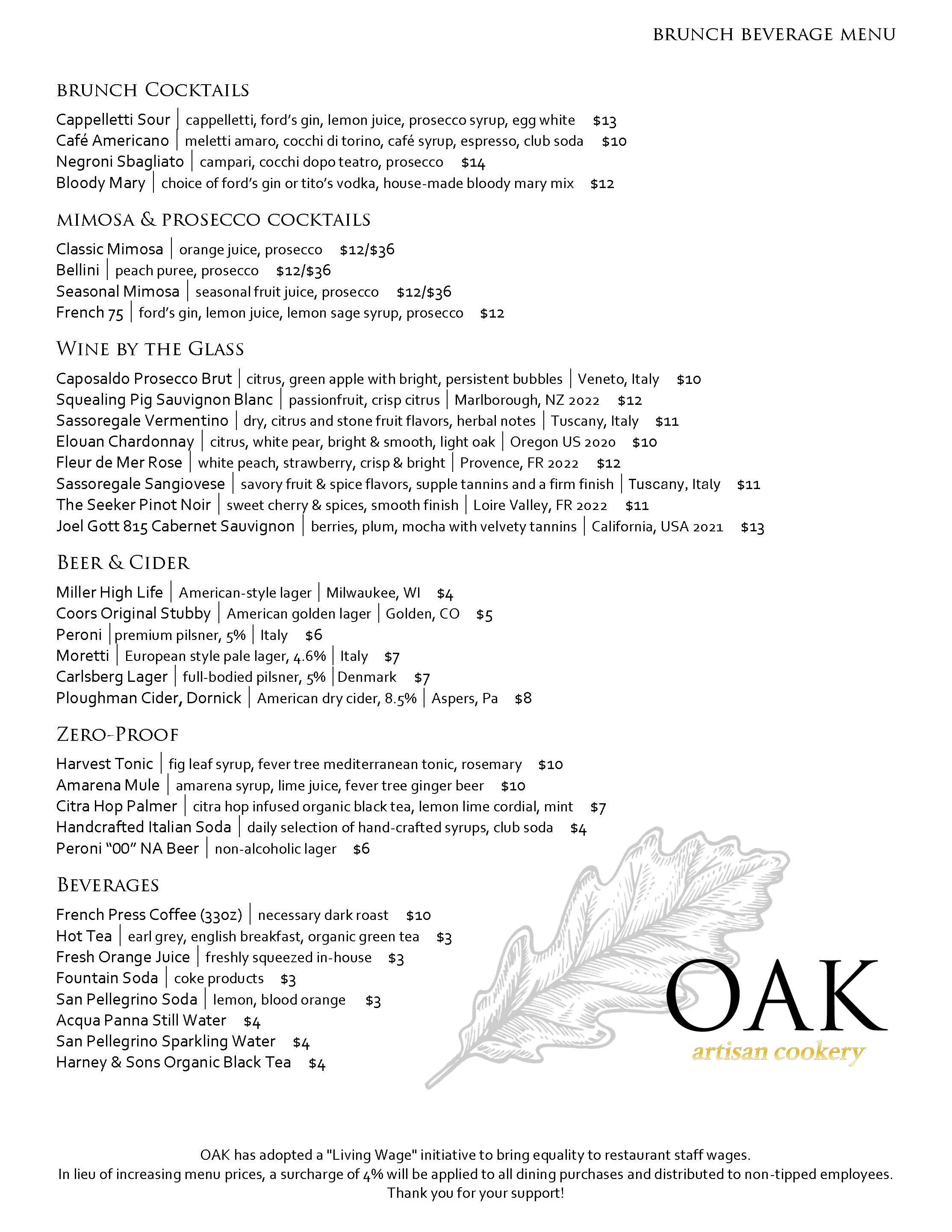 Bar Menu — Oak Artisan Cookery