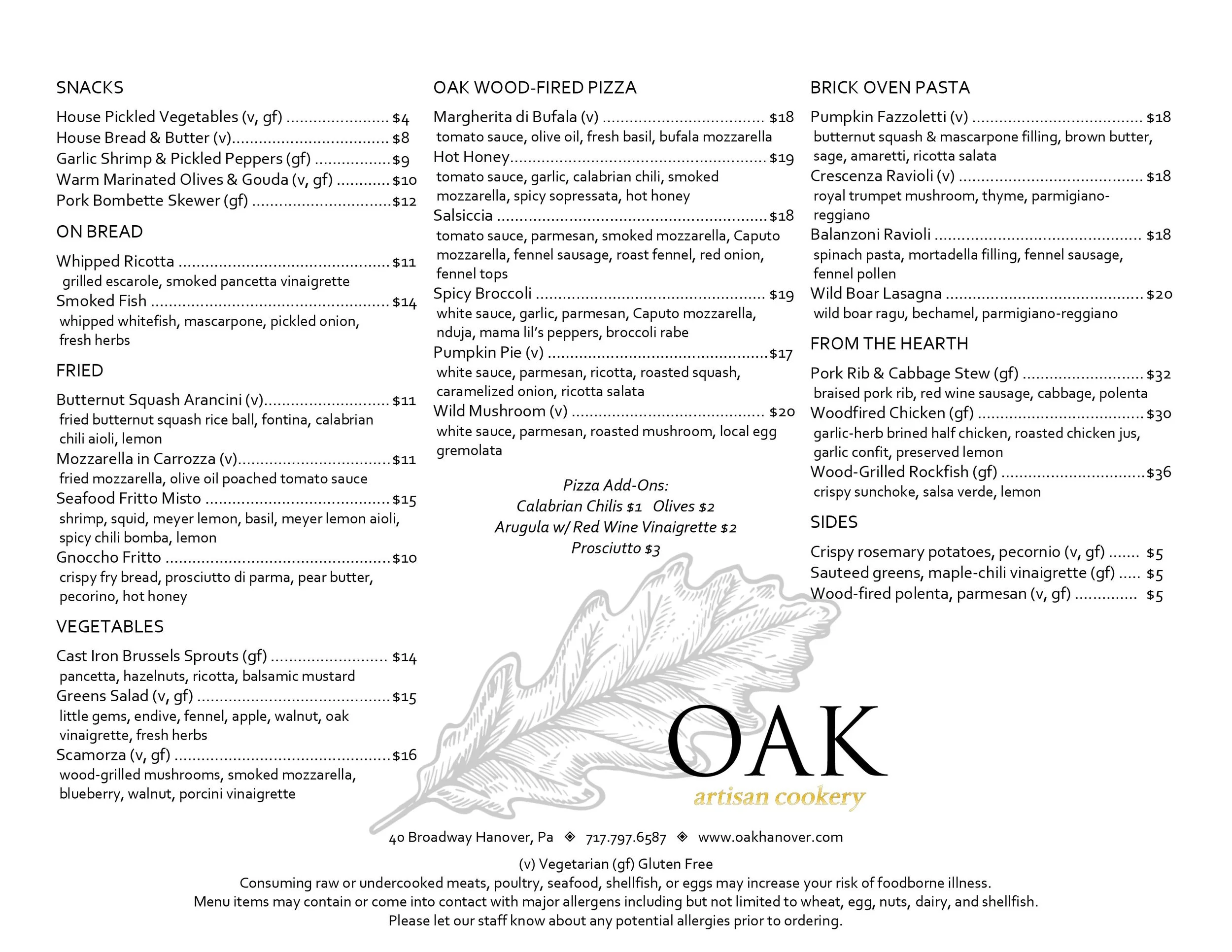 Menu — Oak Artisan Cookery