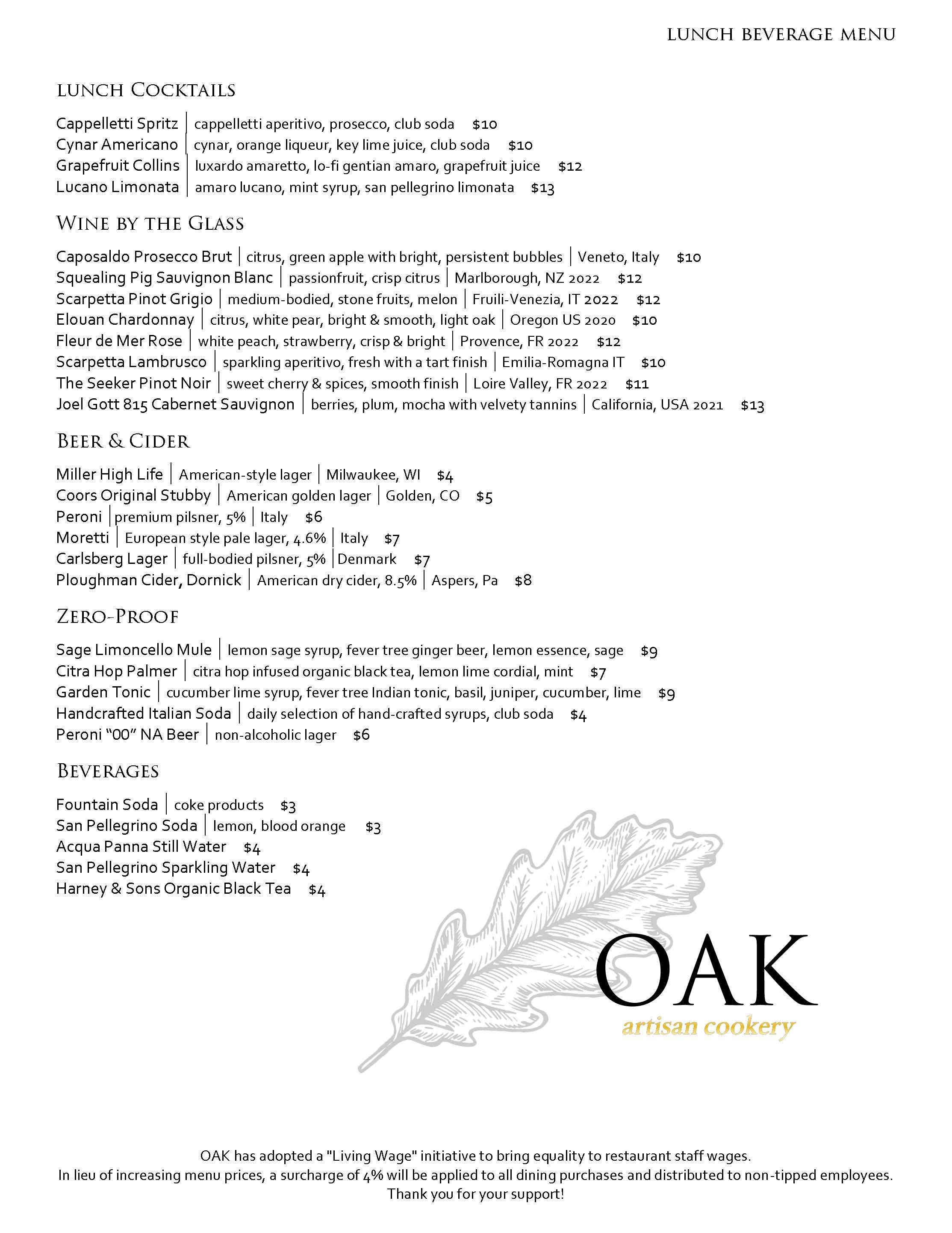 Bar Menu — Oak Artisan Cookery