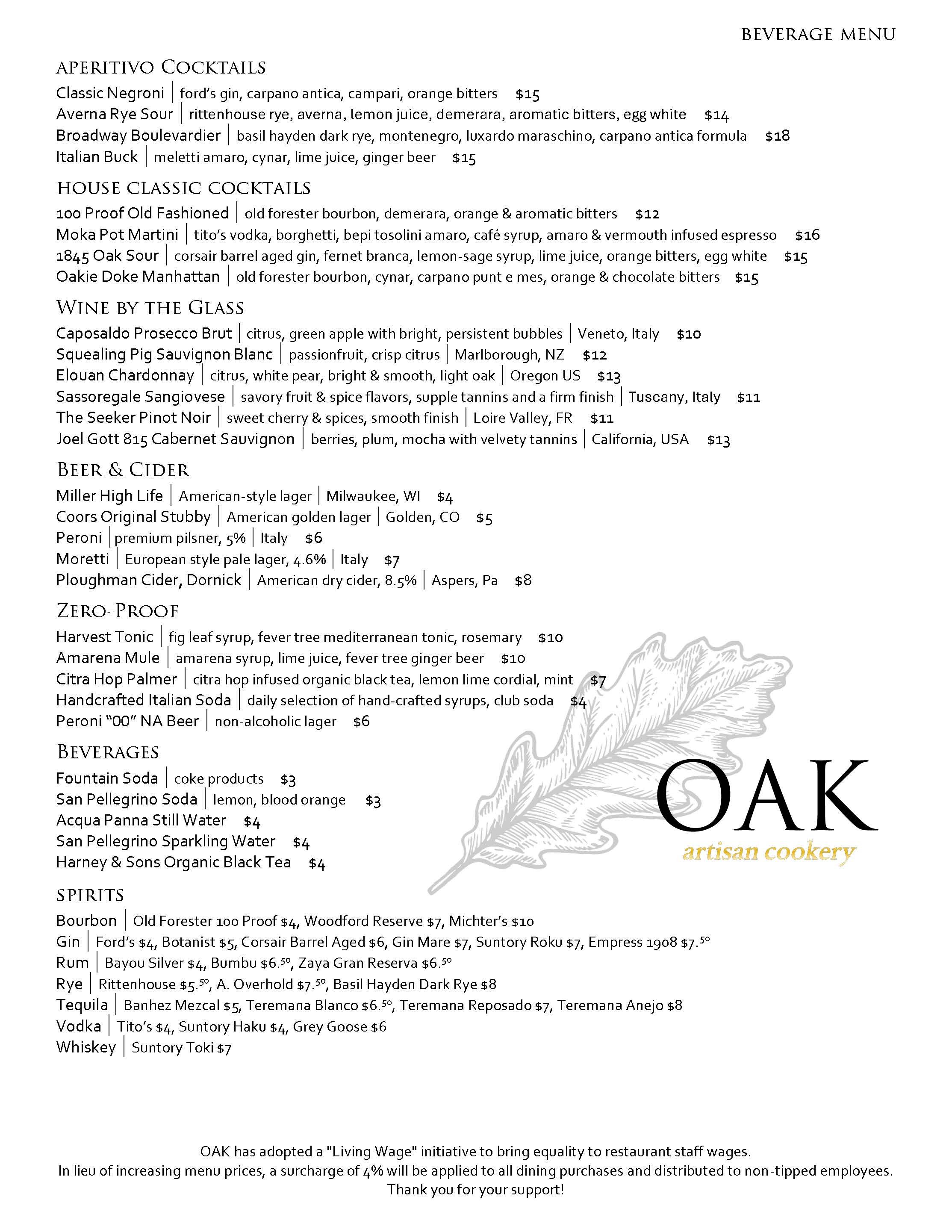 Bar Menu — Oak Artisan Cookery