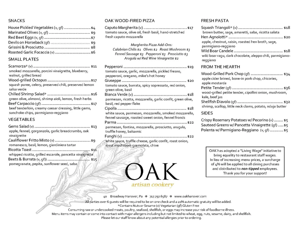 Menu — Oak Artisan Cookery