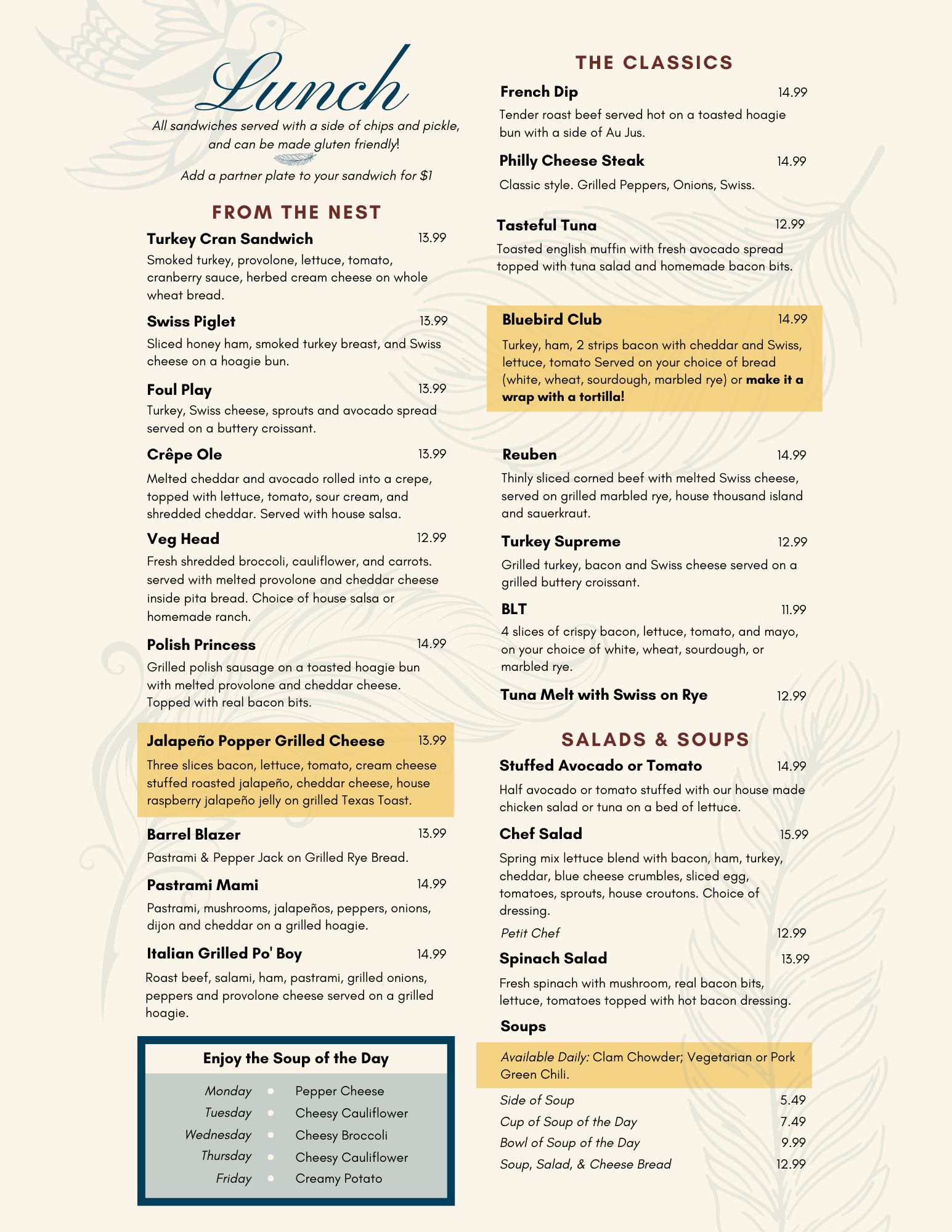 TO GO Menu — The Bluebird Restaurant
