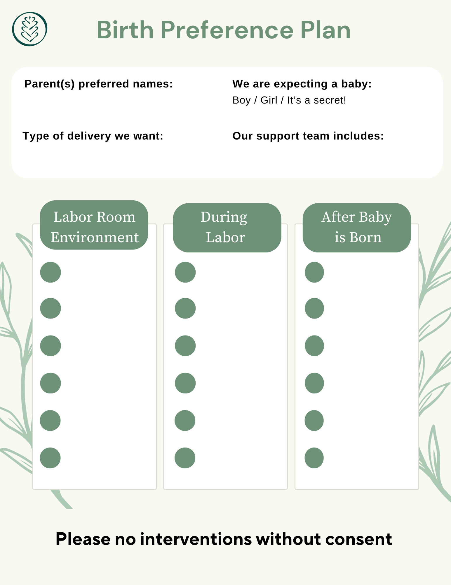 Birth Preference Plan | Discover Prenatal and Early Parenthood Classes ...