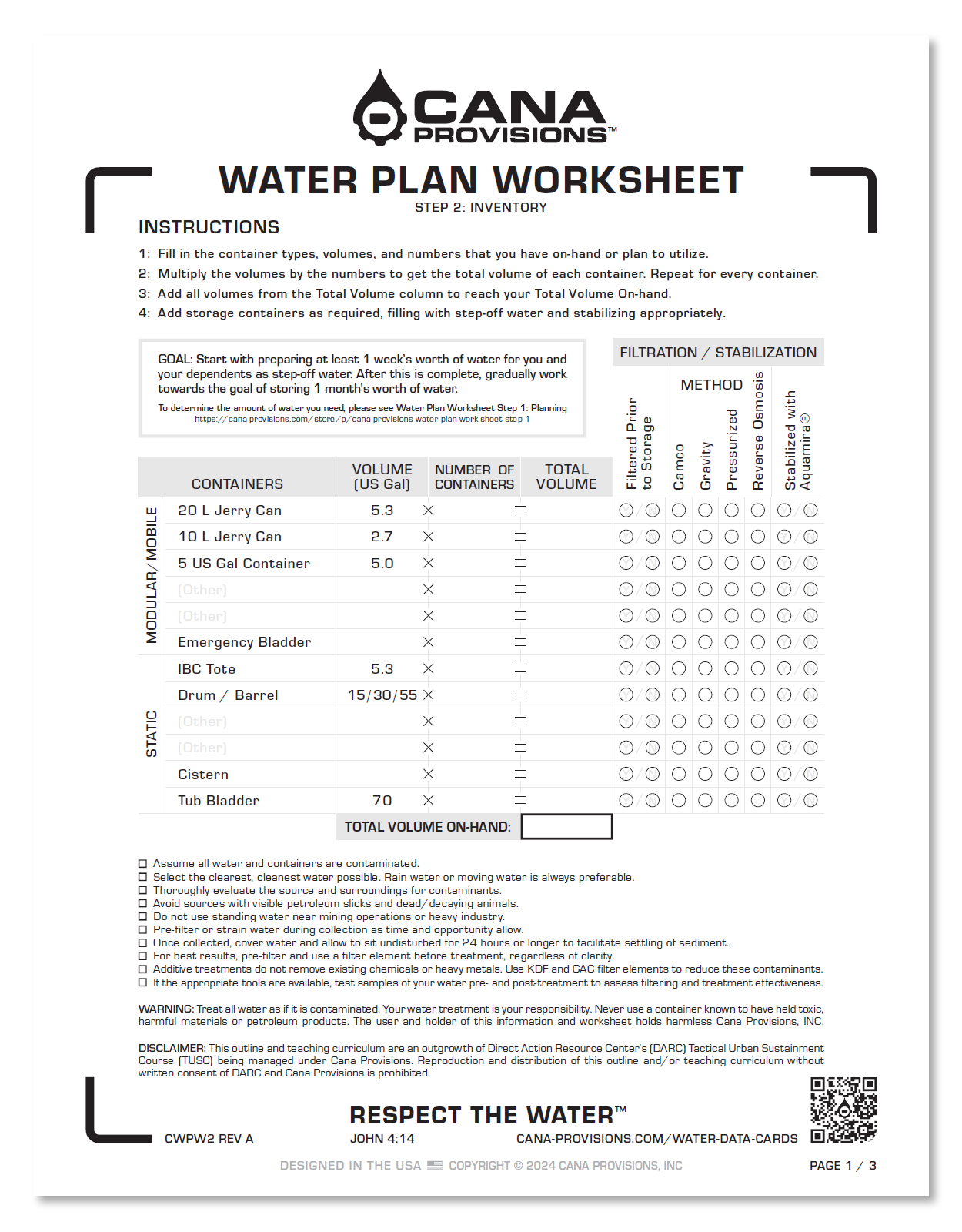 Cana Provisions Water Plan Work Sheet - STEP 1 - Revised — CANA Provisions