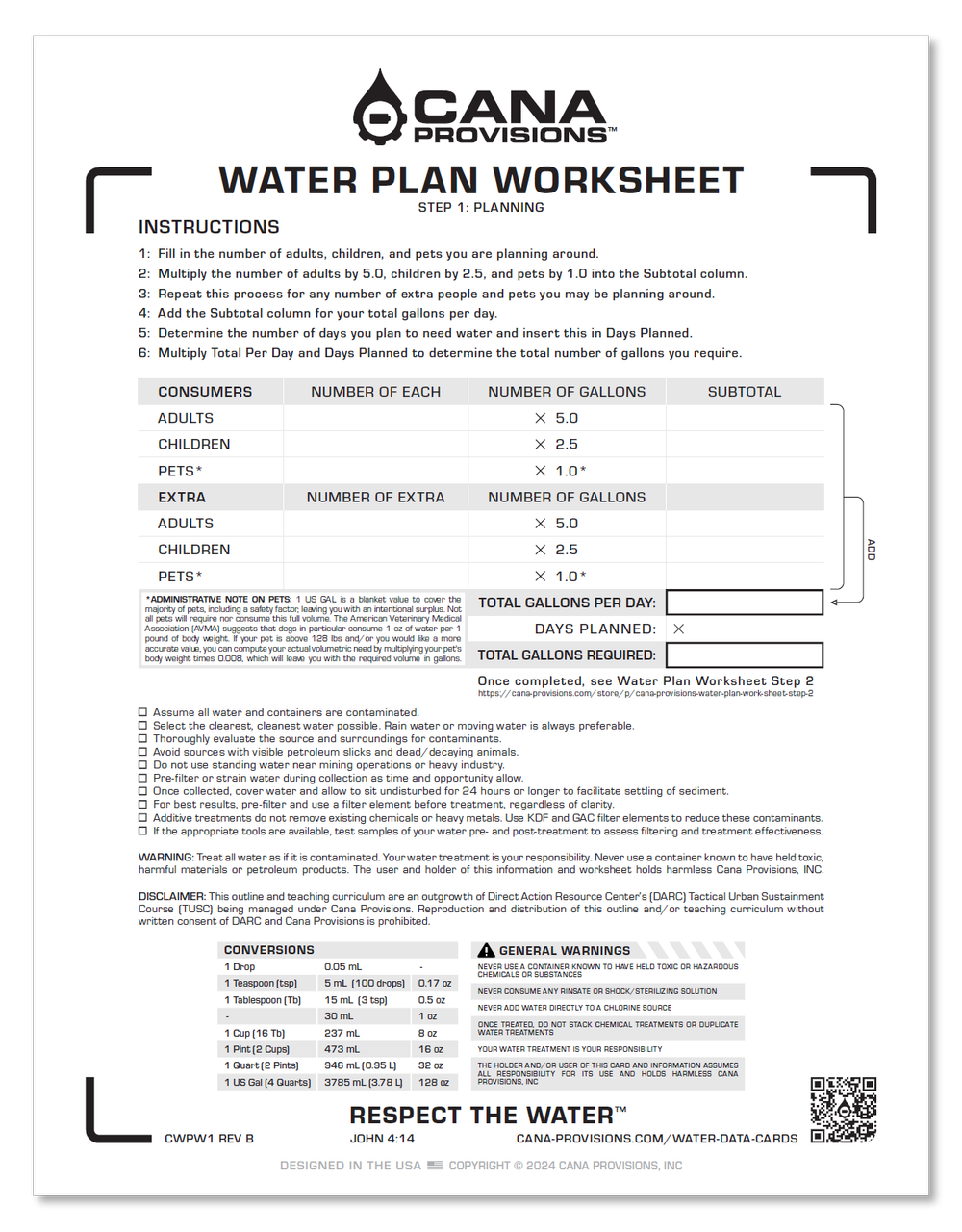 Cana Provisions Water Plan Work Sheet - STEP 2 | Cana Provisions