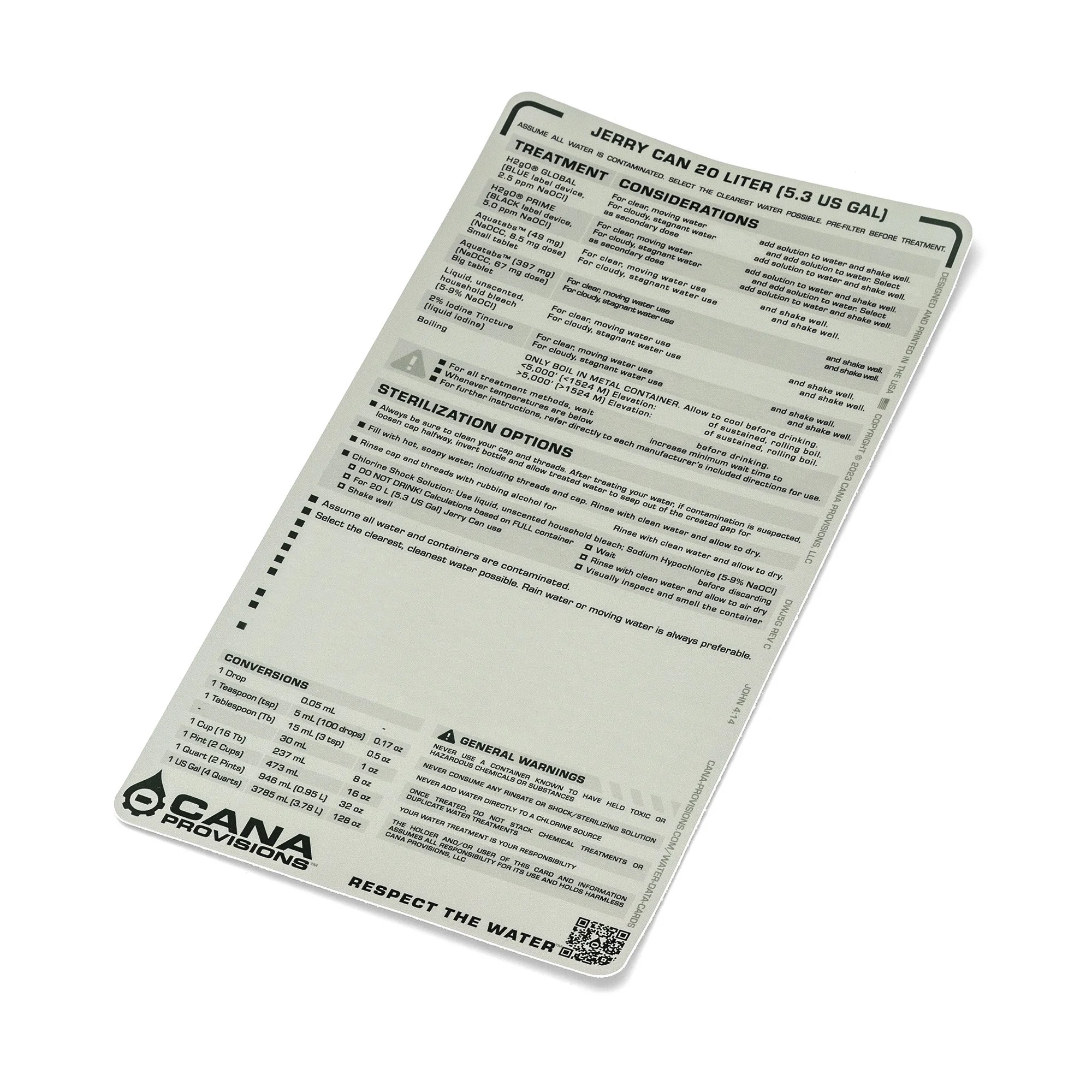 H2gO Quick Start Water Data Card — CANA Provisions